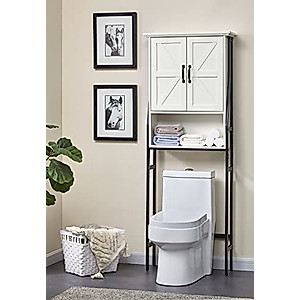 MXARLTR Over The Toilet Storage Cabinet, Over Toilet Bathroom Organizer, Above Toilet Storage Cabinet with Barn Doors Behind Toilet Bathroom Organizer Over-The-Toilet Cabinet (Cream White)