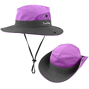 IYEBRAO 2 Pack Womens Ponytail Sun Hat UV Protection Bucket Hats Foldable Wide Brim Summer Boonie Beach Cap Fishing Hiking(Purple & Sky Blue)
