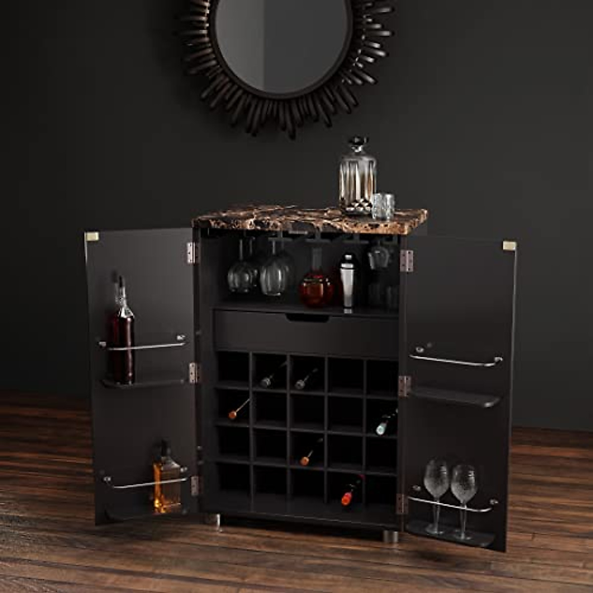 SEI Furniture Cape Town Contemporary Bar Liquor and Wine Cabinet with Storage, Faux Marble Countertop with Black Finish