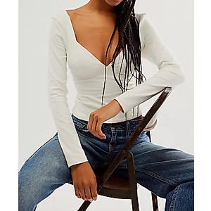 Cioatin Women’s Y2K Long Sleeve Sweetheart V Neck Bustier Crop Tops Tee Slim Fit Corset Going Out Cropped T Shirts Fall White