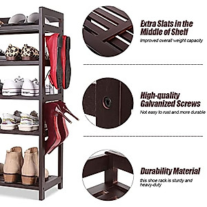 Bamboo Shoe Rack,Sundries Rack Kitchen Shelf 5 Tier Wooden Shoe Shelf Storage Organizer with Additional Hangers,Perfect for Entryway,Hallway, Bathroom Closet or Living Room (Brown)