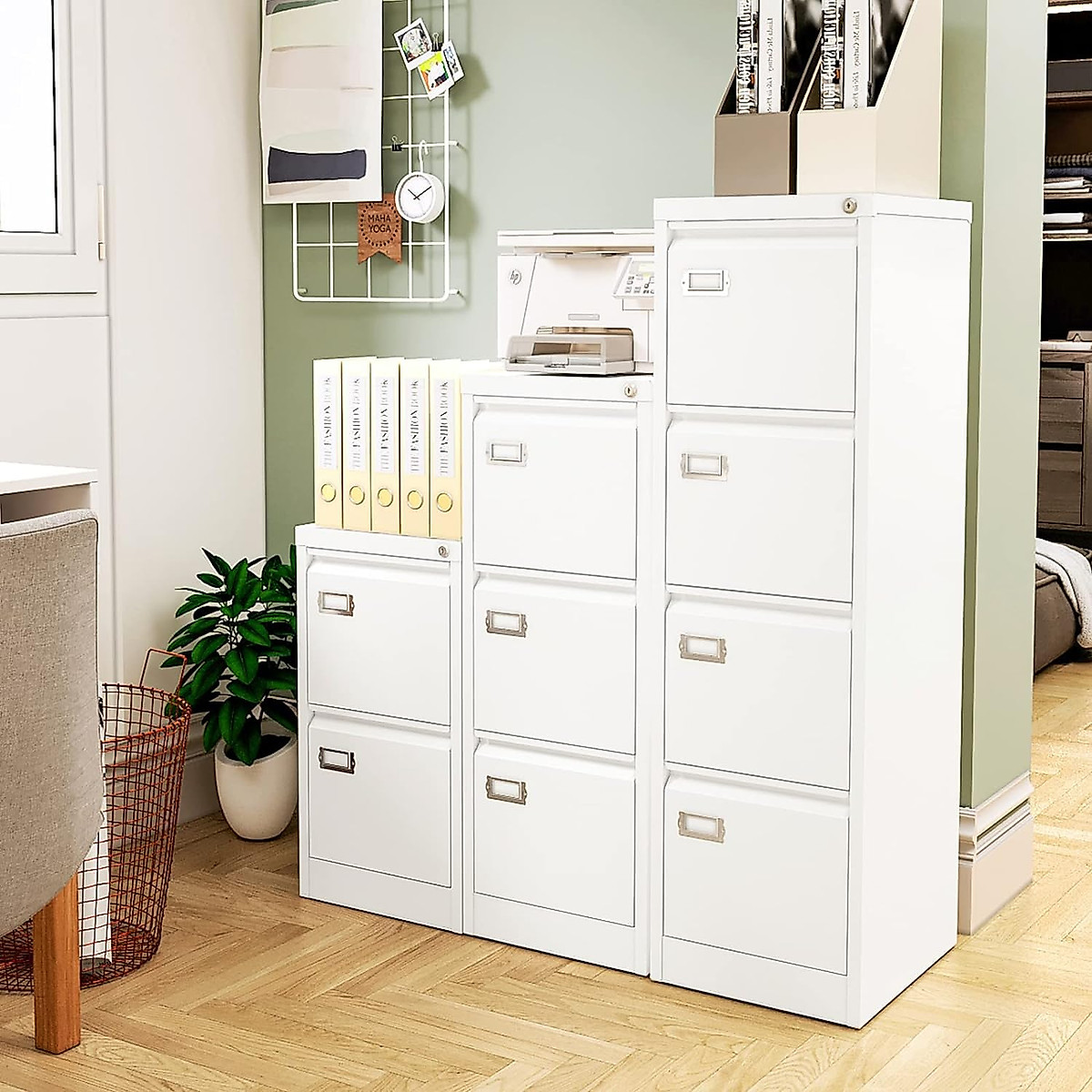 heycode 3 Drawers Filing Cabinets for Home Office,Vertical File Cabinet with Lock, Metal Office Locking File stoage Cabinet, Small Filing Cabinet Organizer for Hanging Legal/A4 (White, 3 Drawers)