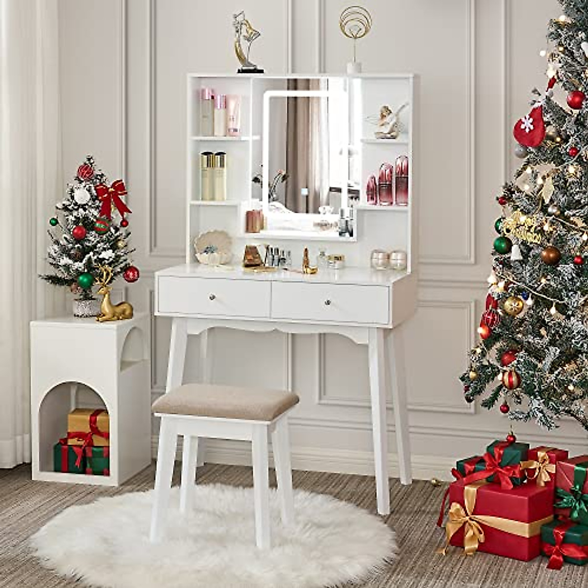 ANWBROAD Makeup Vanity Desk Vanity Table Set with LED Lighted Mirror Vanity Set with 3 Adjustable Lighting Colors 5 Storage Shelves 2 Big Drawers Dresser Cushioned Stool for Girls Women (White)