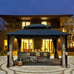 EROMMY 12'x14' Metal Steel Gazebo, Outdoor Aluminum Hardtop Canopy with Netting and Shaded Curtains, Double Roof Pergolas, Permanent Metal Pavilion for Patio, Backyard, Deck and Lawns Dark Bronze