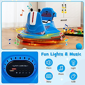 Costzon 12V Kids Ride On Bumper Car, Electric Bumper Car w/Dual Joysticks, Remote Control, 360° Spin, Slow Start Function, LED Lights & Fun Music, Adjustable Safety Belt, Soft Bumper (Blue)