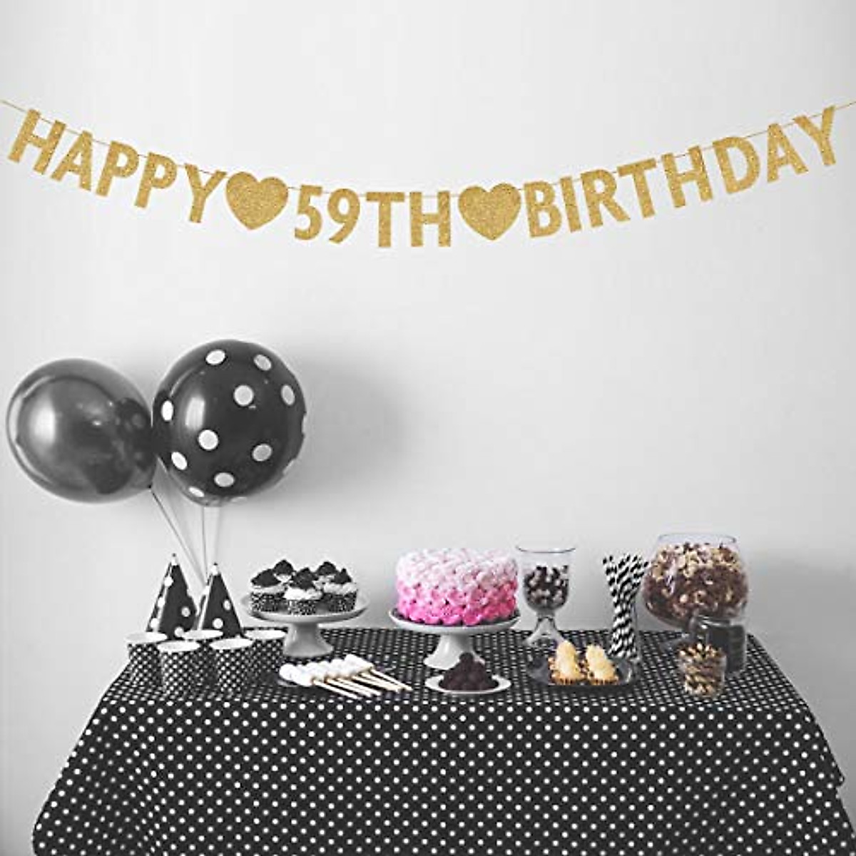 Gold Happy 59th Birthday Banner, Glitter 59 Years Old Woman or Man Party Decorations, Supplies