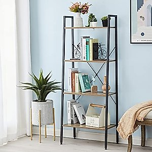 LuxenHome 4 Tier Ladder Bookshelf, 58'' Modern Leaning Bookshelf, Solid Real Wood Bookcase, Rustic Shelves with Industrial Metal Frame, Tall Wide Bookshelf Storage for Classroom, Light-Oak