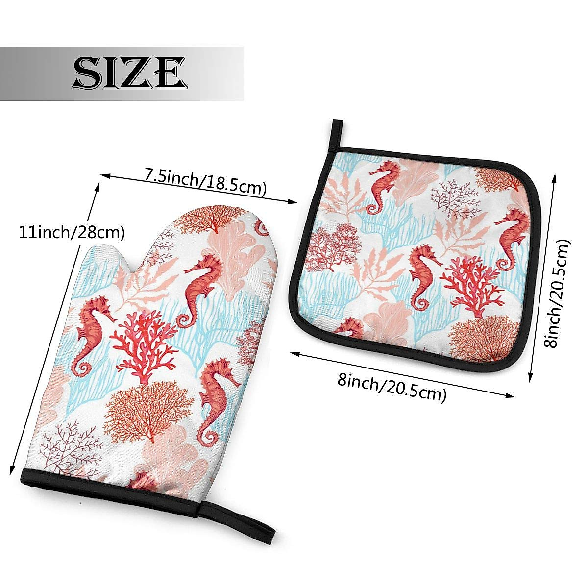 VunKo Sea Horse Oven Mitts and Pot Holders Sets Heat Resistant Coral Oven Gloves with Non-Slip Surface for Safe BBQ Cooking Baking Grilling Set of 2