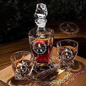 Personalized Whiskey Decanter and Stones Set - Customized Gift for Him - Men, Dad, Father - Engraved Twisted Whiskey Decanter, 2 XL Glasses, 2 XL Balls, 2 Coasters, Tongs, Pouch in Wooden Gift Box