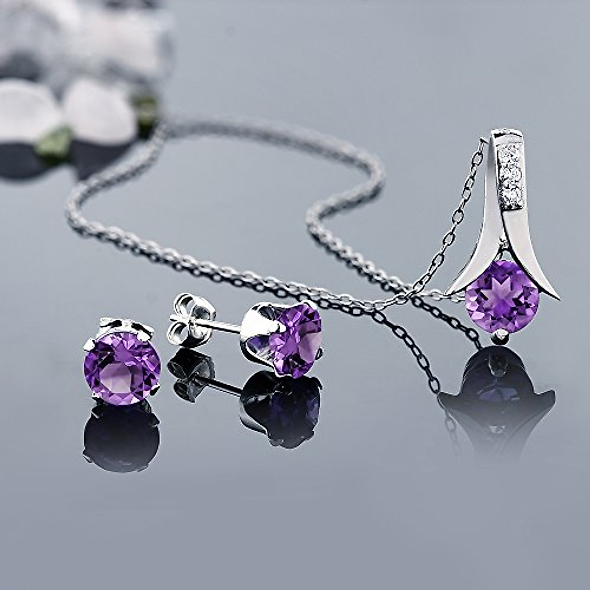 Gem Stone King 925 Sterling Silver Round Cut Purple Amethyst Earrings Pendant Set For Women (2.25 Carat, Gemstone Birthstone, with 18 Inch Silver Chain)