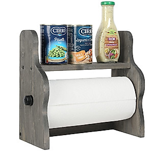 MyGift Wall Mounted Vintage Gray Solid Wood Paper Towel Holder and Spice Jars Storage Shelf with Industrial Black Metal Pipe Bar, Countertop Paper Towel Dispenser