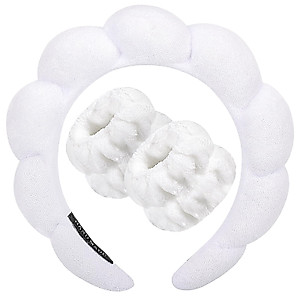 Zkptops Spa Headband for Washing Face Wristband Set Sponge Makeup Skincare Headband Terry Cloth Bubble Soft Get Ready Hairband for Women Girl Puffy Padded Headwear Non Slip Thick Hair Accessory(White)