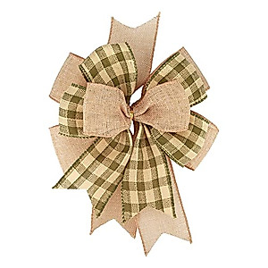 Meseey 2 Pcs 12 x 10 Inch Big Bow Ribbon with Nature Burlap Green Plaid Buffalo Checkered Ribbons and Bow Use for Christmas Gift Wrapping, Party Decoration (Green White )