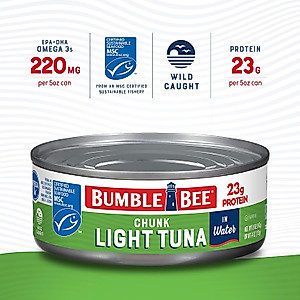 Bumble Bee Chunk Light Tuna In Water, 5 oz Cans (Pack of 10) - Wild Caught Skipjack Tuna - 23g Protein Per Serving - MSC Certified Sustainable Seafood, Non-GMO, Gluten Free, Kosher