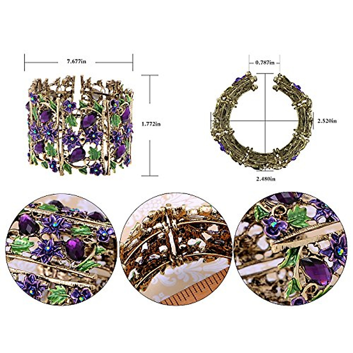 Alilang Antique Hollow Vintage Floral Topaz Crystal Rhinestone Flower Garden Bracelet Bangle Cuff, Purple Amethyst Flowers