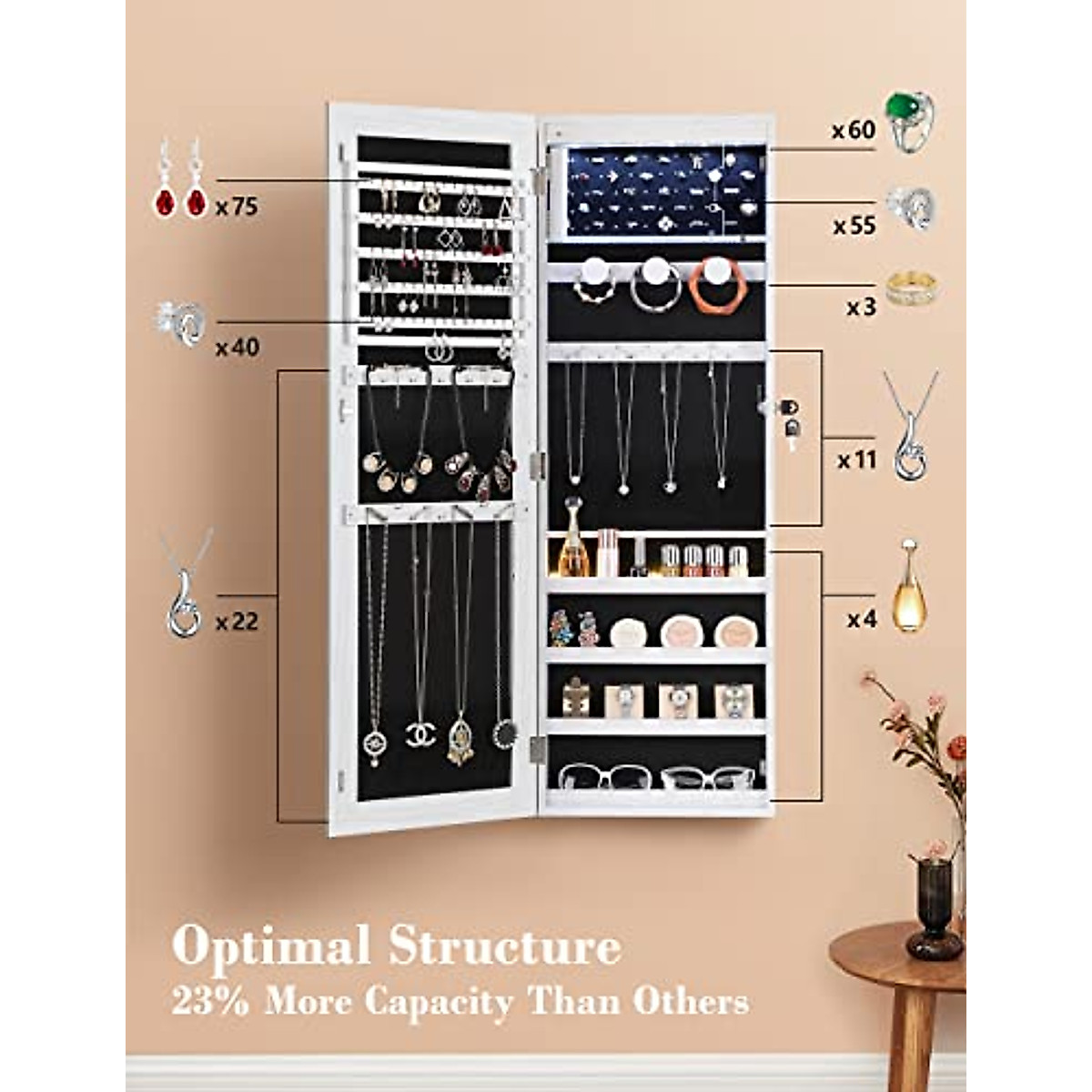 Nicetree 6 LEDs Mirror Jewelry Cabinet with 3 Improvements, 4.2" D Lockable Mirror with Jewelry Storage, Door/Wall Mounted Jewelry Organizer Mirror, Larger Capacity, White