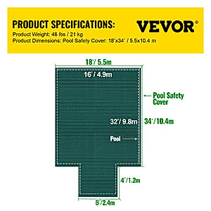Happybuy Pool Safety Cover, Fits 16x32ft Rectangular Inground Winter Swimming Pools, with 4x8ft Center End Step, Triple Stitched, High Strength Mesh PP, Great Rain Permeability, Installation Hardware