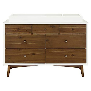 babyletto Palma 7-Drawer Assembled Double Dresser in White and Natural Walnut, Greenguard Gold Certified