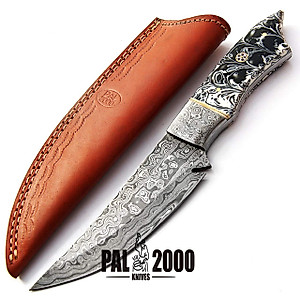 PAL 2000 HUNTING KNIVES KNI-9399 Handmade Damascus Steel Bowie Knife With Leather Sheath