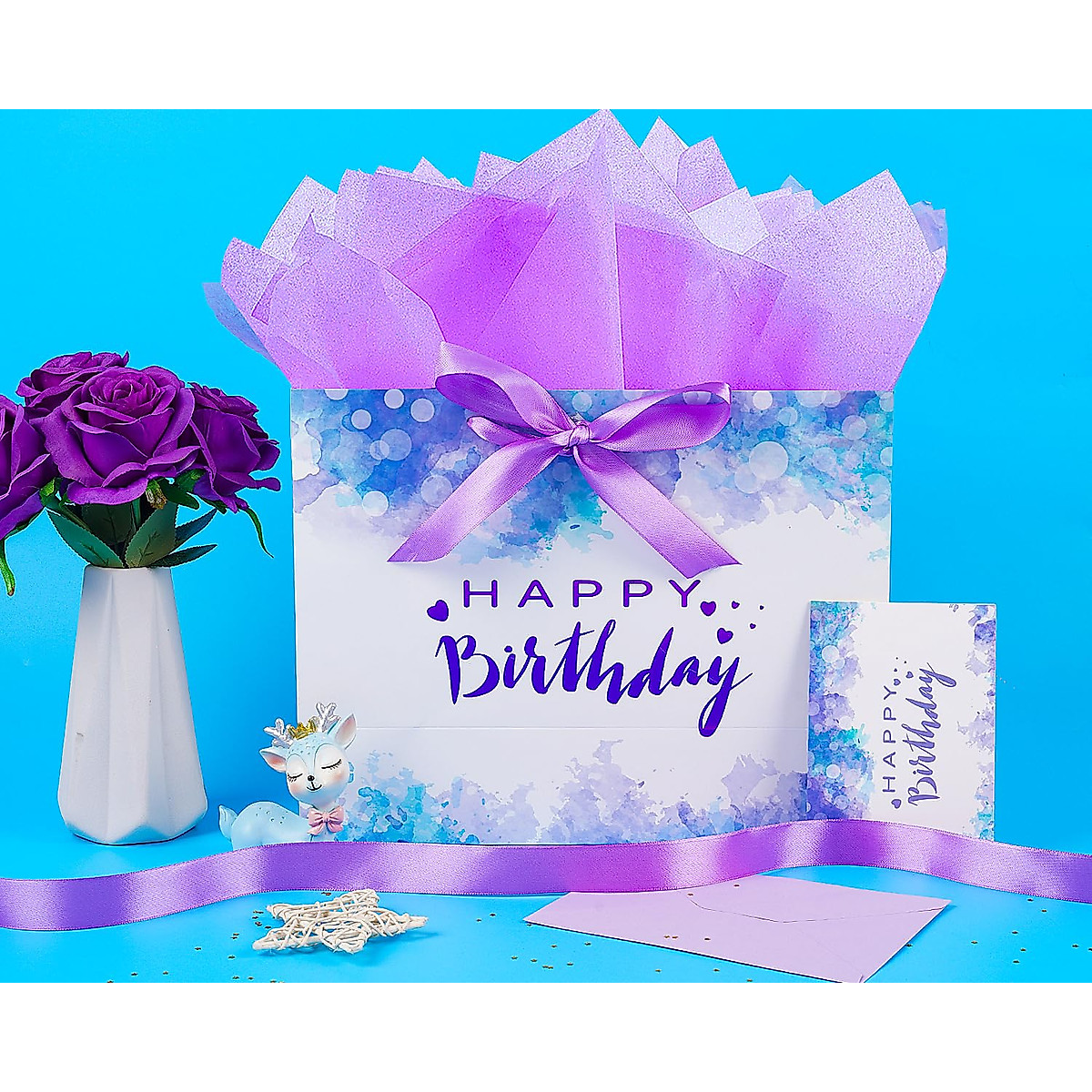 Jaywayang 12.6" Large Purple Happy Birthday Gift Bag with Ribbons, Card and Tissue Papers for Girl Women Birthday Party.