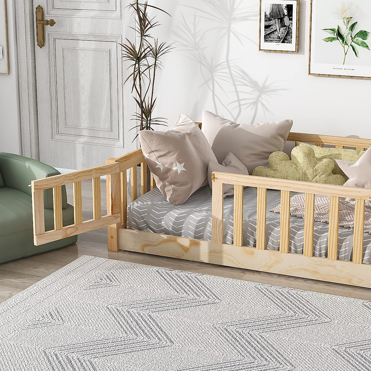 Twin Size Floor Bed Frame for Kids Wood Montessori Floor Beds with Fence Railings & Support Slats, Twin Playhouse Bed for Boys Girls, No Box Spring Needed, Natural