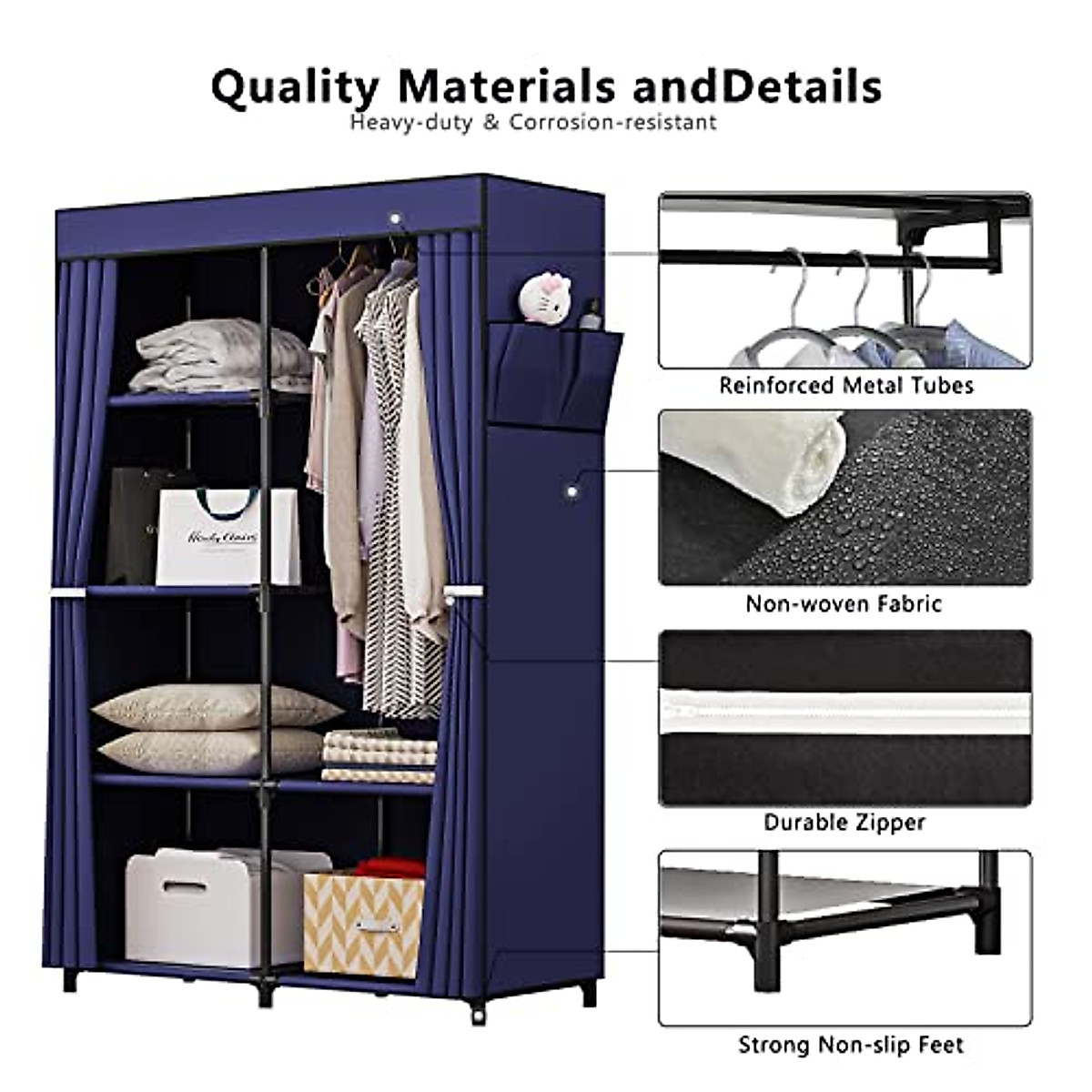 INGIORDAR Portable Closet Wardrobe Organizer Storage with Cover Non-Woben Fabric Portable Wardrobe Closet for Hanging Clothes Racks Shelving 34 Inch for Bedroom, Blue