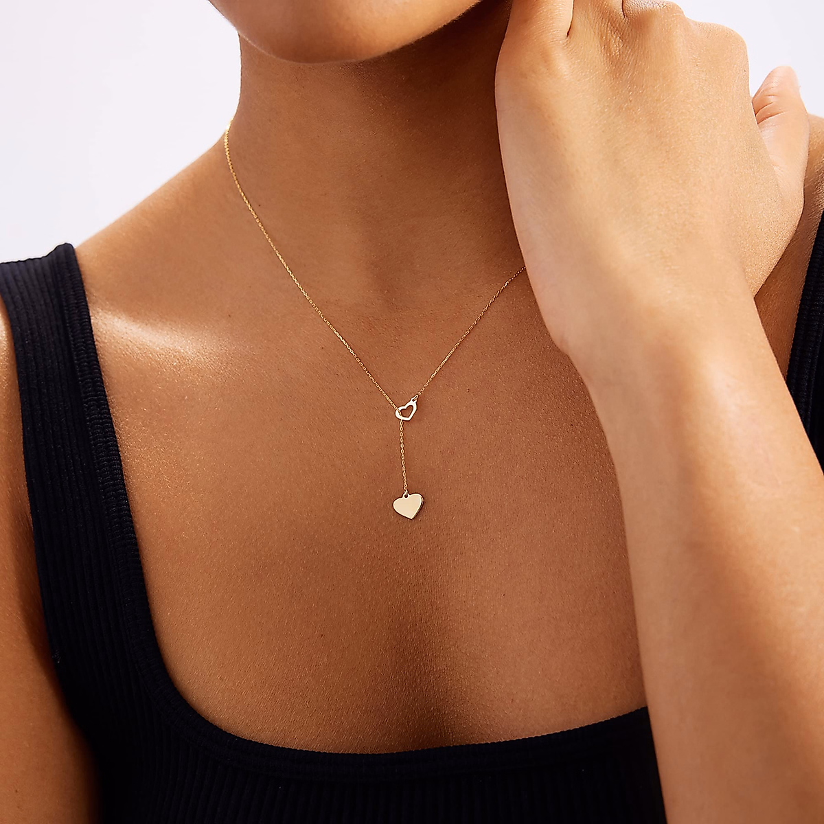 GELIN 14k Solid Gold Two Heart Lariat Y-Necklace for Women