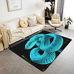 Snake Area Rug 5x7, Scary Animal Rug for Adults Men, Halloween Black Teal Animal Non Shedding Carpet, Horror Farmhouse Wildlife Living Room Rugs