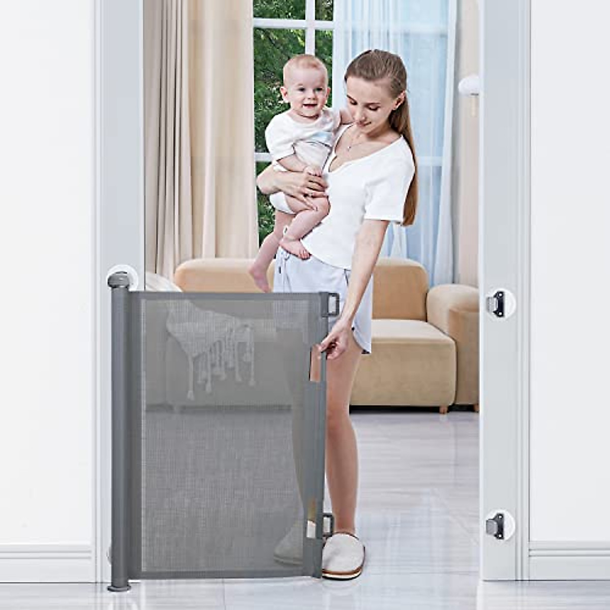 Punch-Free Retractable Baby Gates, BabyBond 33 * 71 inches Extra Wide Baby Gate for Stairs Suitable for Kids or Pets Indoor and Outdoor Dog Gates for Doorways, Stairs, Hallways, Grey