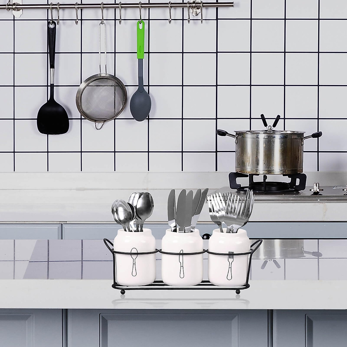 CLOTHUP Ceramic Silverware Caddy, Utensil Caddy with Metal Holder, Countertop Silverware Utensil Organizer Holder, Knives Spoons and Forks Utensil Organizer Holder for Kitchen and Party