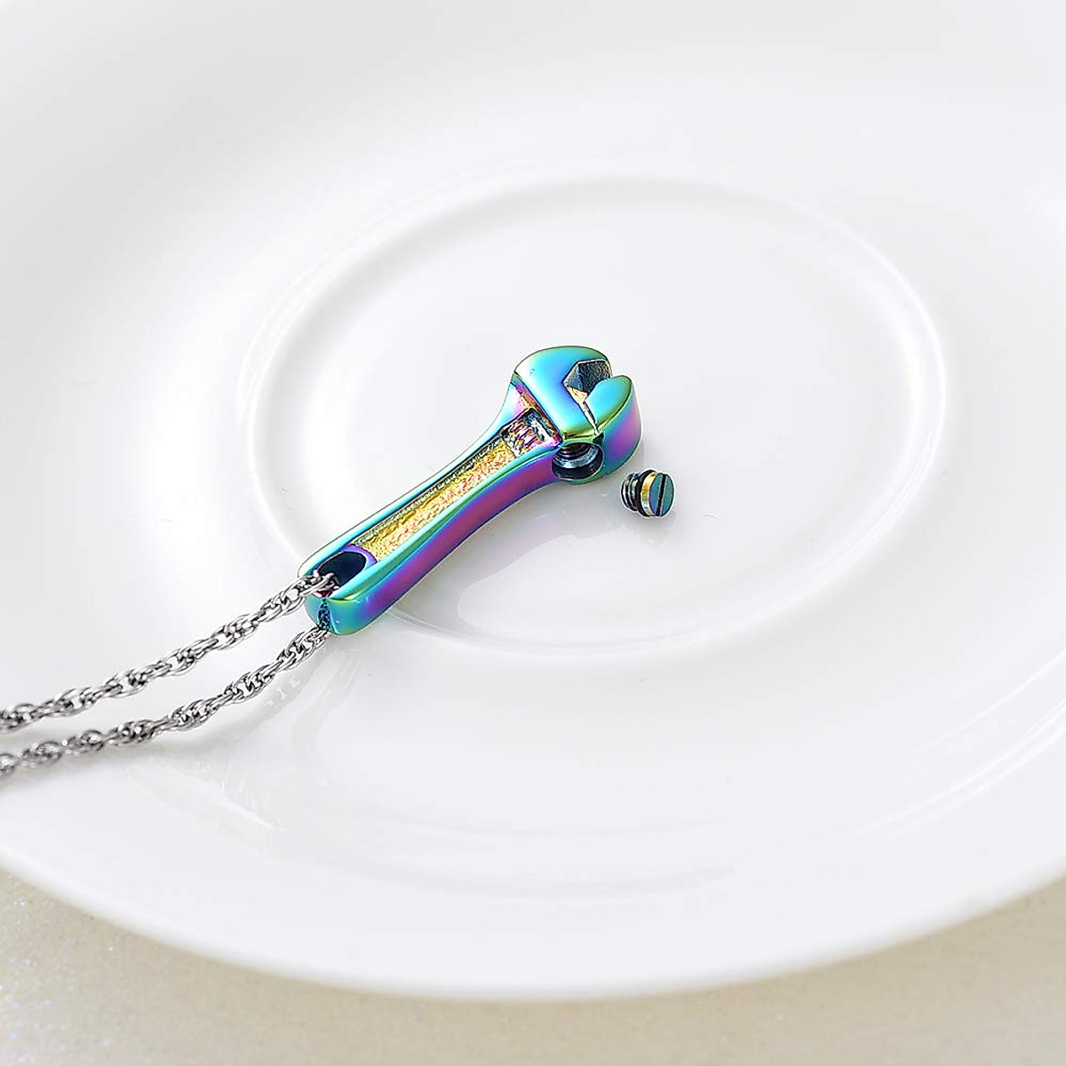 shajwo Cremation Jewelry Urn Necklaces for Human Pet Ashes Locket Pendant Wrench Memorial Keepsake Jewelry for Men Women,Rainbow