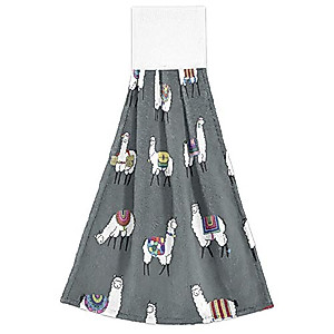 Qilmy Llama Hanging Kitchen Towel Set of 2, Absorbent Soft Hanging Tie Towel for Kitchen Bathroom Farmhouse Housewarming Home Decor 12 x 17 Inch