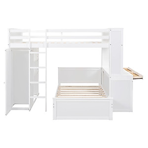 Full Over Twin Bunk Beds with Desk and Drawers , Wooden Full Size Loft Bed with Removable Twin Bed , Wardrobe and Shelves , Storage Bunk Bed with Ladder & Guardrails for Kids Girls Boys , White