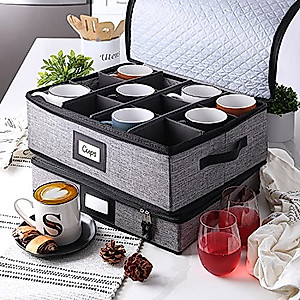 Mug Storage, Stackable Coffee Cup Storage Organizer for a Set of 12 - Padded Mug Storage Box with Dividers, China Storage Containers Hard Shell with Handles & Zippers for Easy Storage & Transport