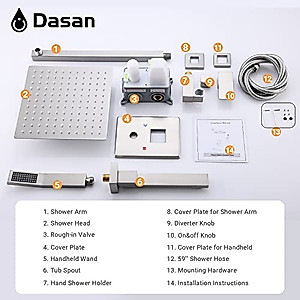 DASAN Tub Shower Faucets Sets Complete Brushed Nickel Bathtub Shower System with Tub Spout, Bathtub Faucet Set Tub and Shower Faucet Combo Trim Kit with Rough-in Valve, DA-SS03BN-S10W