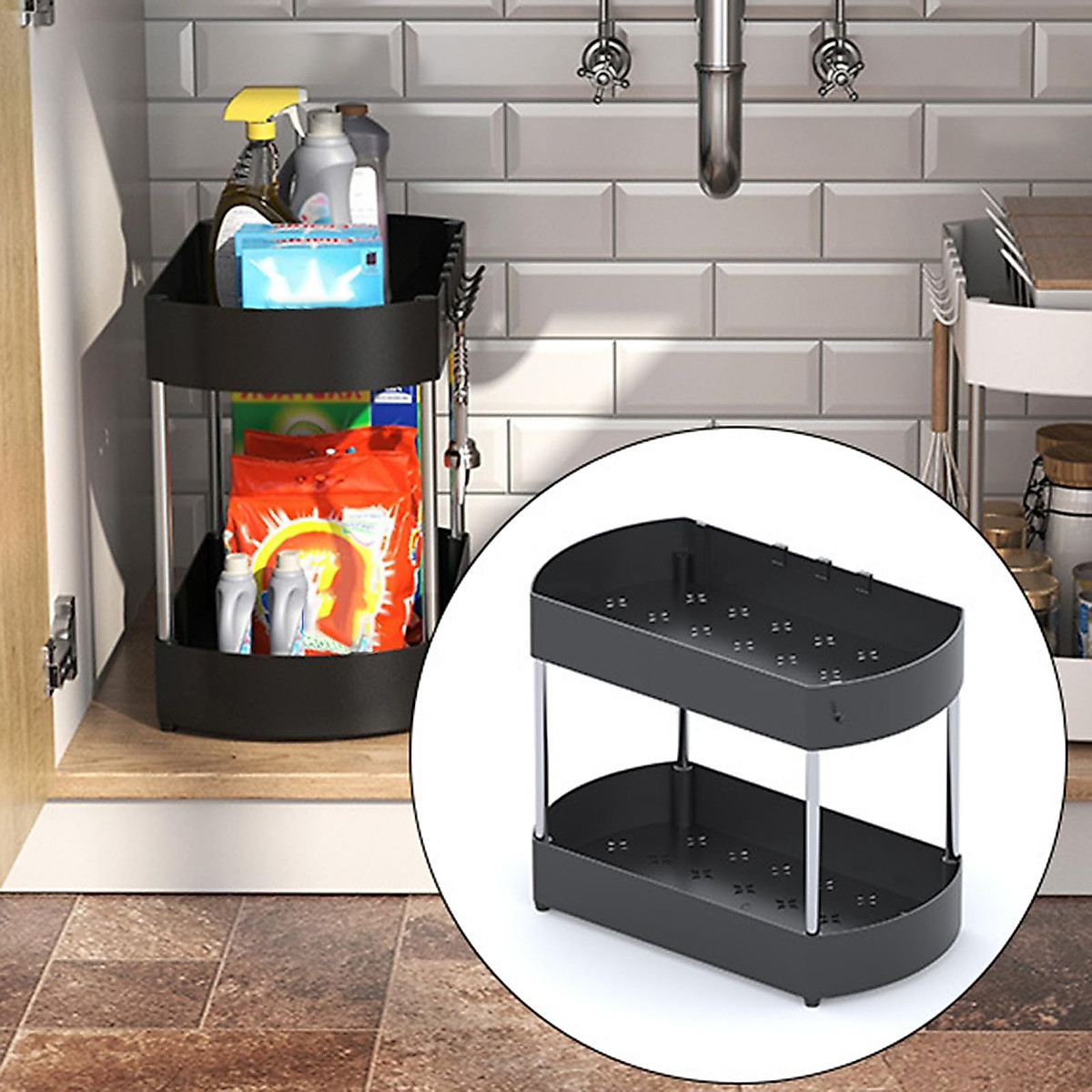 Libcflcc Kitchen Storage Rack Under Sink Organizer Double Layer Modern Multi-Functional Strong Load Bearing Countertop Bathroom Kitchen Cabinet Organizer Holder Multi-Functional Storage Rack Black
