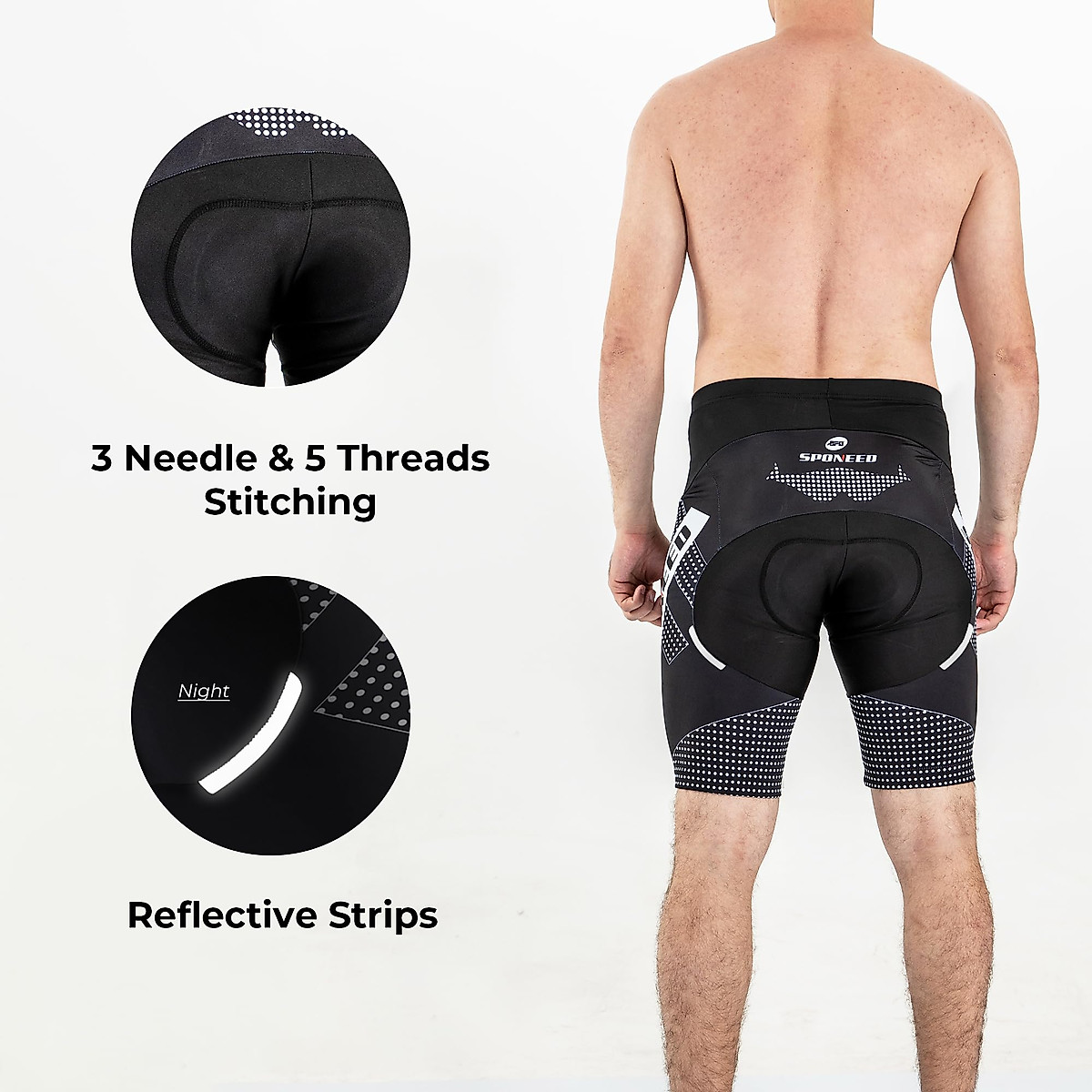 SPONEED Men Bicycle Shorts, Black with White, US L (CN XL)