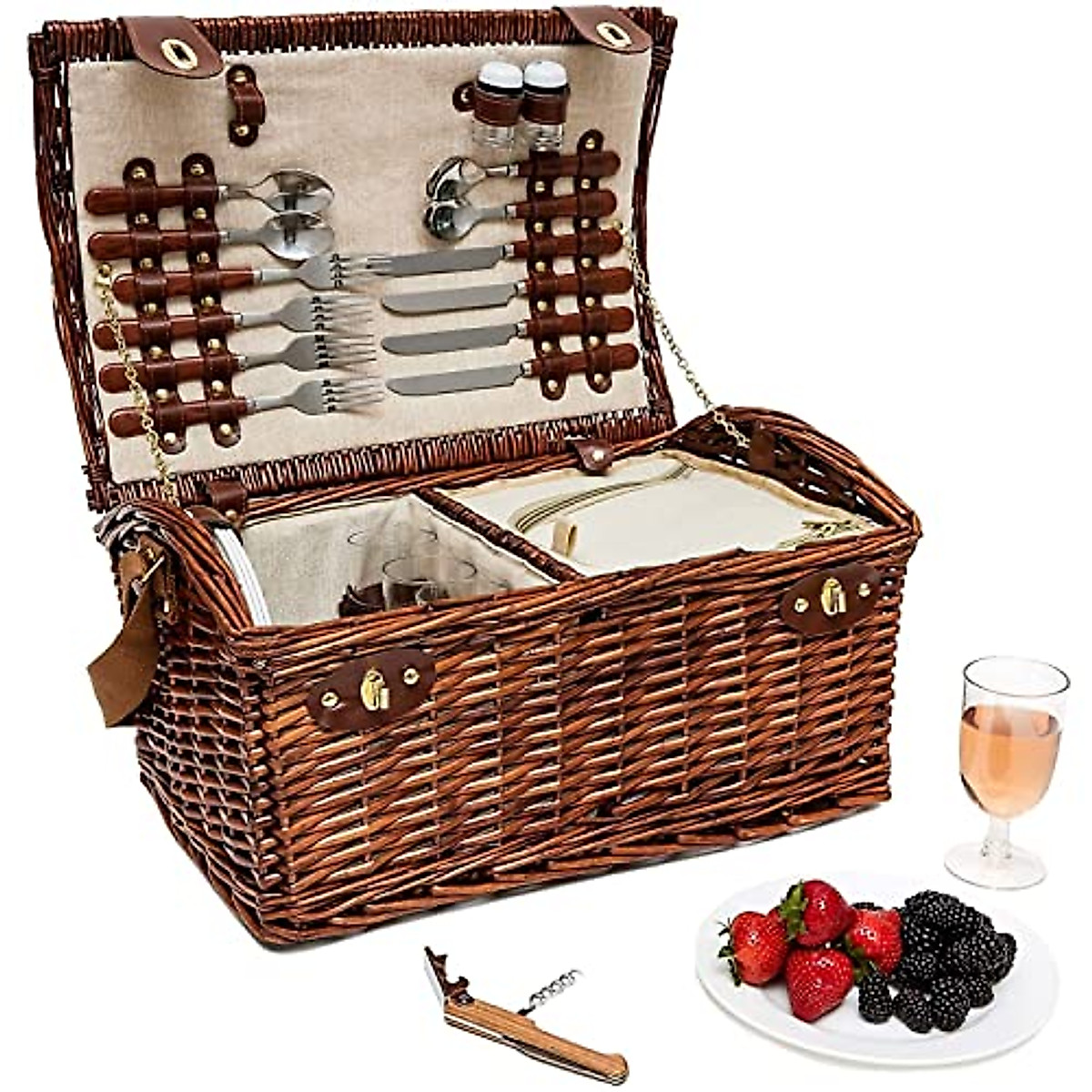 Juvale Large Wicker Picnic Basket, 4 Person Set with Utensils, Outdoor, Insulated Cooler Bag, Plastic Glasses, Plates, Stainless Steel Cutlery, Utensils, Family Size (18 x 12 x 10 in, Brown)