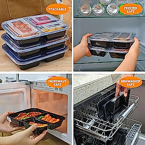 Moretoes 50 Pack 32 oz Meal Prep Containers 3 Compartment Plastic Food Storages with Lids, Reusable Food Take-Out Lunch Box Microwave/Freezer/Dishwasher Safe