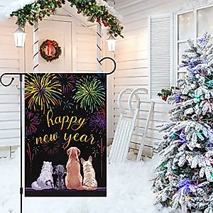Happy New Year Garden Flag 12x18 Double Sided Vertical, Burlap Small Fireworks Cat Dog New Year Eve Yard Flag Sign Welcome Holiday Winter House Outdoor Outside Decorations (ONLY FLAG)