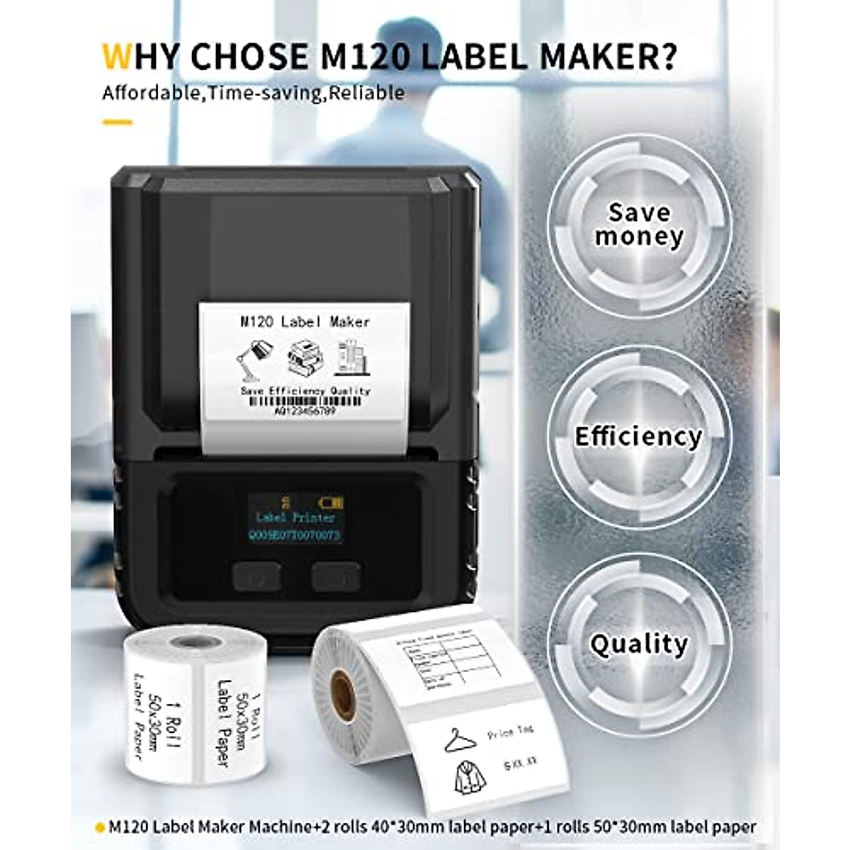 Petural M120 Label Maker-Barcode Label Printer, 3 Rolls Labels Set Bluetooth Label Maker, Thermal Portable Mini Label Maker Machine for Barcode,Qr Code,Small Business,Home Labeling,Address etc,Black