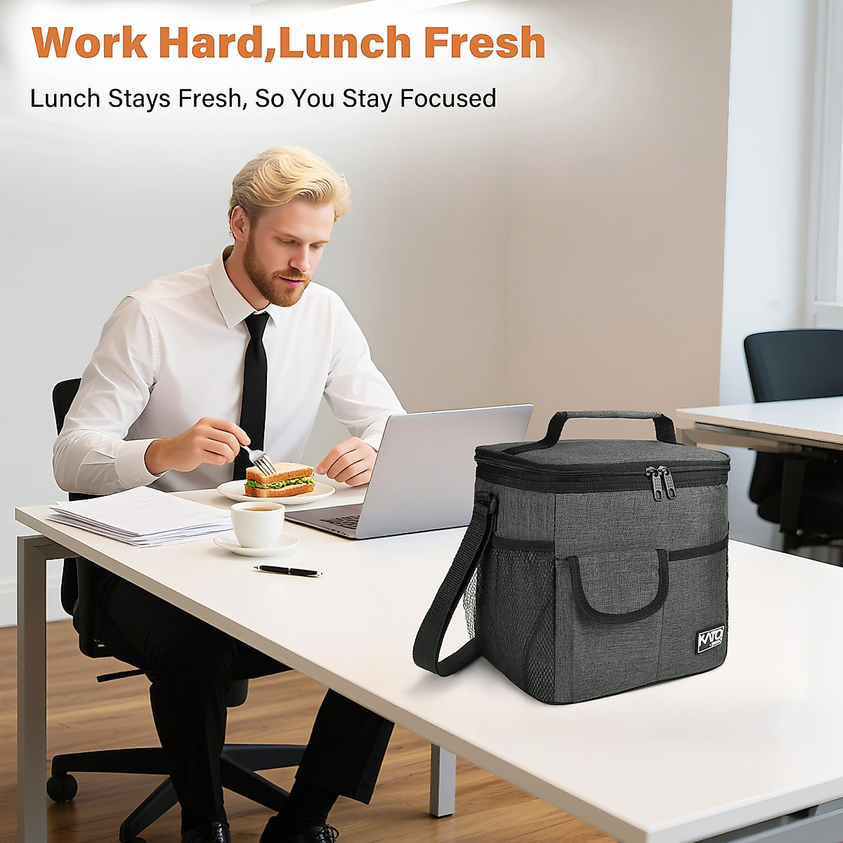 Large Insulated Lunch Bag for Women Men, 10L Leakproof Thermal Reusable Lunch Box for Adult & Kids, Tall Meal Prep Lunch Cooler Tote with Pockets for Office Work by Tirrinia, Charcoal