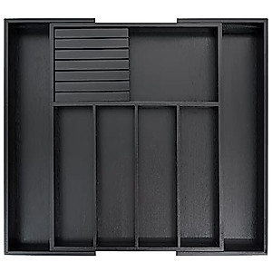 VaeFae Bamboo Silverware Drawer Organizer Kitchen, Expandable Utensil Holder and Cutlery Tray with Divider | 13"-21.6" Flatware Storage and Removable Knife Block (Black)
