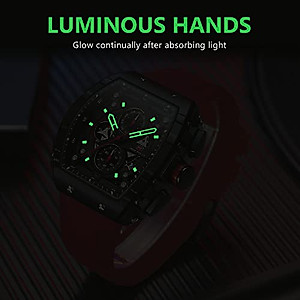 AIMES Watches for Men Fashion Hollow Tonneau Large Face Watches for Men Rectangle Luxury Work Big Dial Mens Watches Cool Analog Quartz Luminous Waterproof Wrist Watch Red Silicon Strap Dress Watch