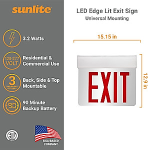 Sunlite 05278 LED Edge Lit Exit Sign, Silver Panels with Bright Red Lettering, 90-Min Battery Back-Up, Dual Voltage 120-277V, Universal Mounting, Long Lasting, Fire Safety, NYC Compliant