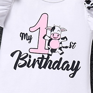 Cow Themed First Birthday Girl Outfit Romper Tutu Skirt Headband Cake Smash Photoshoot Toddler Baby Cows Print My 1st Birthday Outfit Farm Animals Party Supplies Infant Halloween Costume Pink 1T