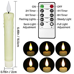 Yme 6pcs LED Taper Candles with Remote and Timer, Fake Window Candles with Real Wax Battery Operated Warm White Flickering/Steady Light 2/4/6/8H Timer, for Halloween Wedding Decorations