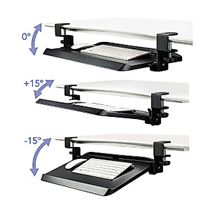 Kantek Clamp On Under Desk Ergonomic Computer Keyboard Tray Holder, Adjustable Tray Slides Out With Tilt Control, Easy Mounting, 20" X 11.5", Black