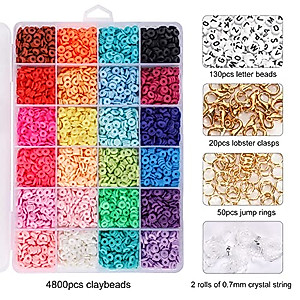 Quefe 5000 Pcs Clay Heishi Beads Polymer Flat Round Disc Beads Kit, Including 130 Pcs Letter Beads Lobster Clasp and Jump Rings for DIY Jewelry Marking Bracelets Necklace Earring, 24 Colors 6mm