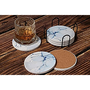 Coasters for Drinks, Absorbent Ceramic Stone Coaster Set with Metal Holder Stand, Drink Coasters with Cork Base, Housewarming Gifts for Home Decor, 4 Inches,Set of 6-Light Blue Marble